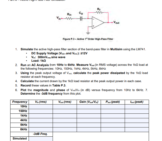 Solved Figure P.3 - Active 1zt Order High-Pass Filter 1. | Chegg.com