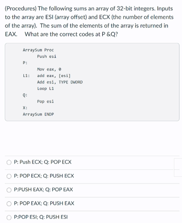 Solved (Procedures) The following sums an array of 32-bit | Chegg.com