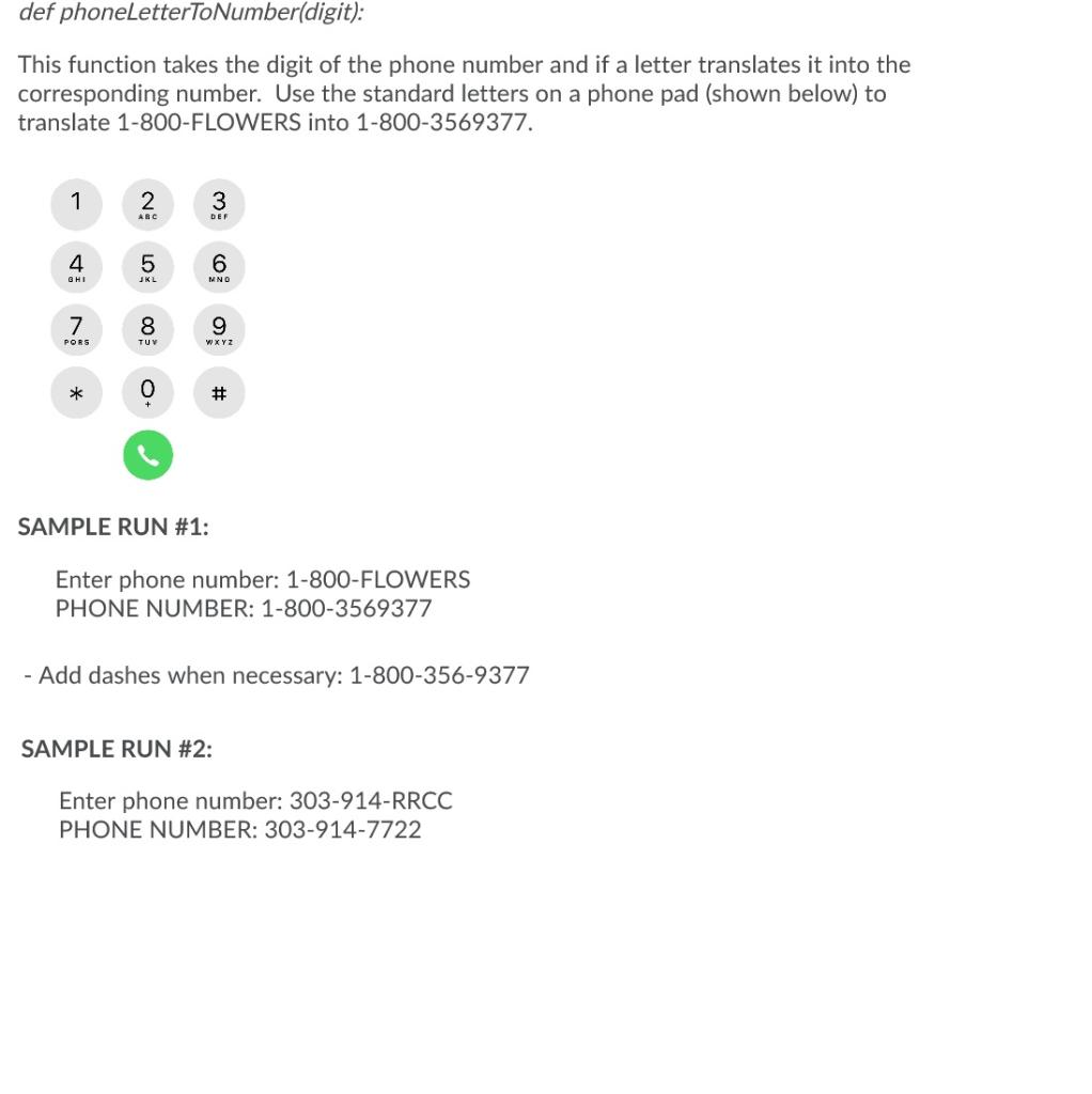 Solved def phoneLetterToNumber(digit): This function takes | Chegg.com