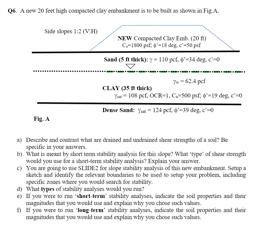 Solved Q6. ﻿A new 20 ﻿feet high compacted clay embankment is | Chegg.com