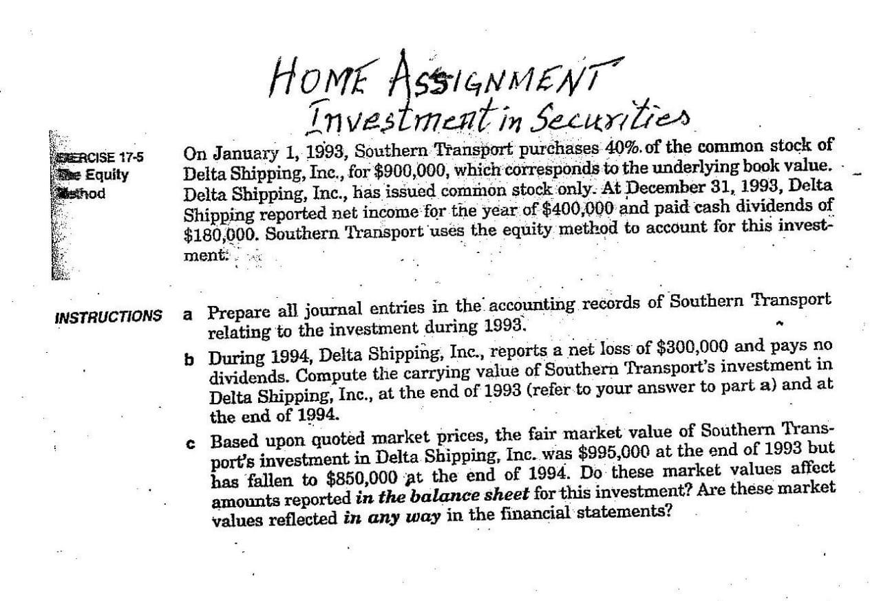 Solved • G ERCISE 17-5 e Equity bethod INSTRUCTIONS HOME | Chegg.com