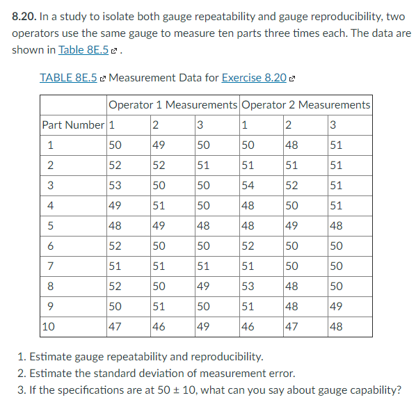 Solved 8.20. In a study to isolate both gauge repeatability | Chegg.com