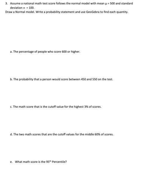 Solved 3. Assume a national math test score follows the | Chegg.com