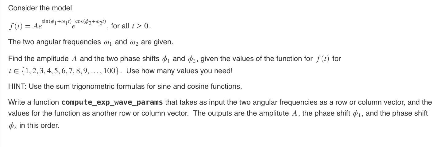 Solved Consider the model sin(01+011) cos(42+027), for all t | Chegg.com