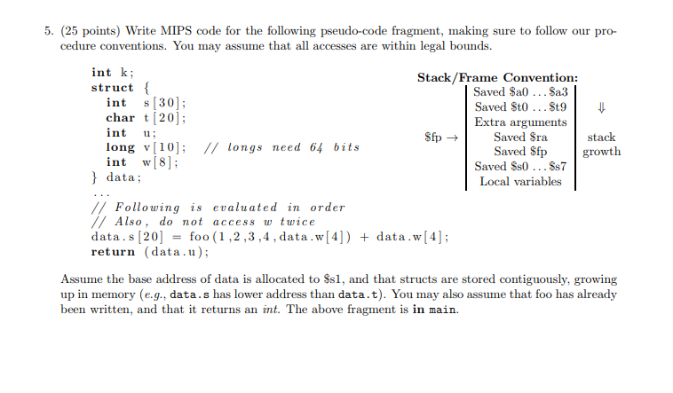 5. (25 points) Write MIPS code for the following | Chegg.com