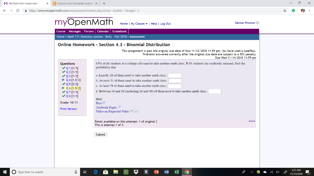 Solved M MyOpenMath Assessment S.atistics and Probability | Chegg.com