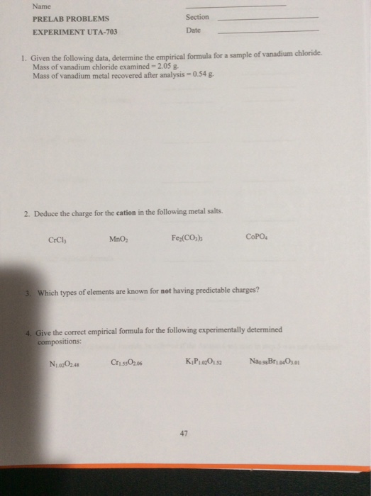 Solved Name PRELAB PROBLEMS EXPERIMENT UTA-703 Section Date | Chegg.com