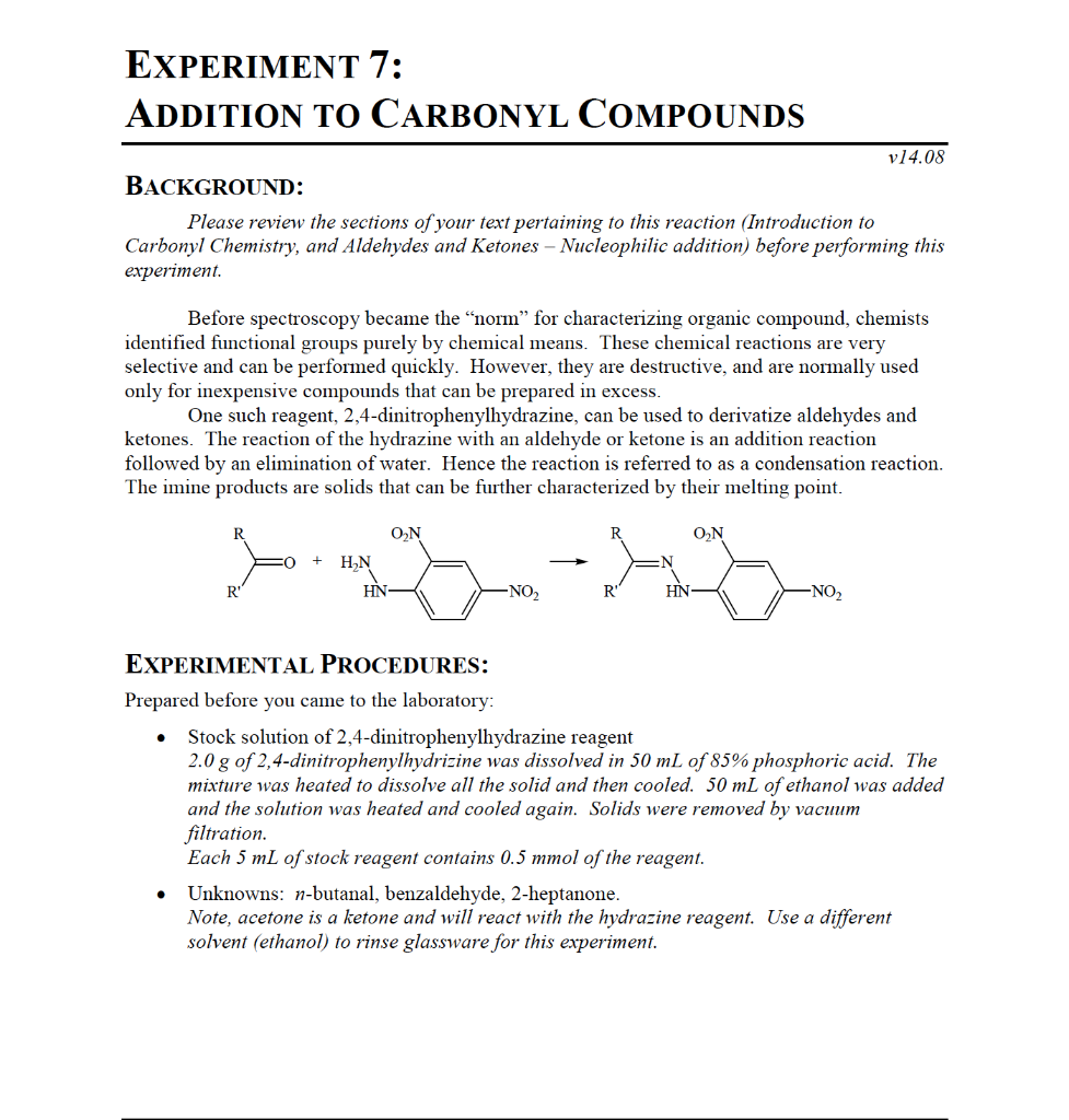 Solved EXPERIMENT 7: ADDITION TO CARBONYL COMPOUNDS v14.08 | Chegg.com