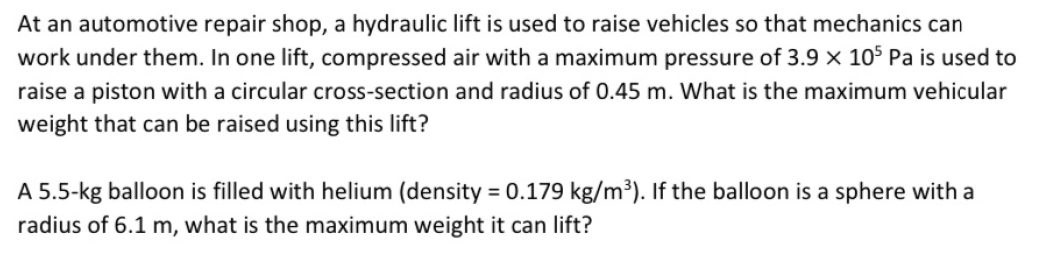 Solved At an automotive repair shop, a hydraulic lift is | Chegg.com