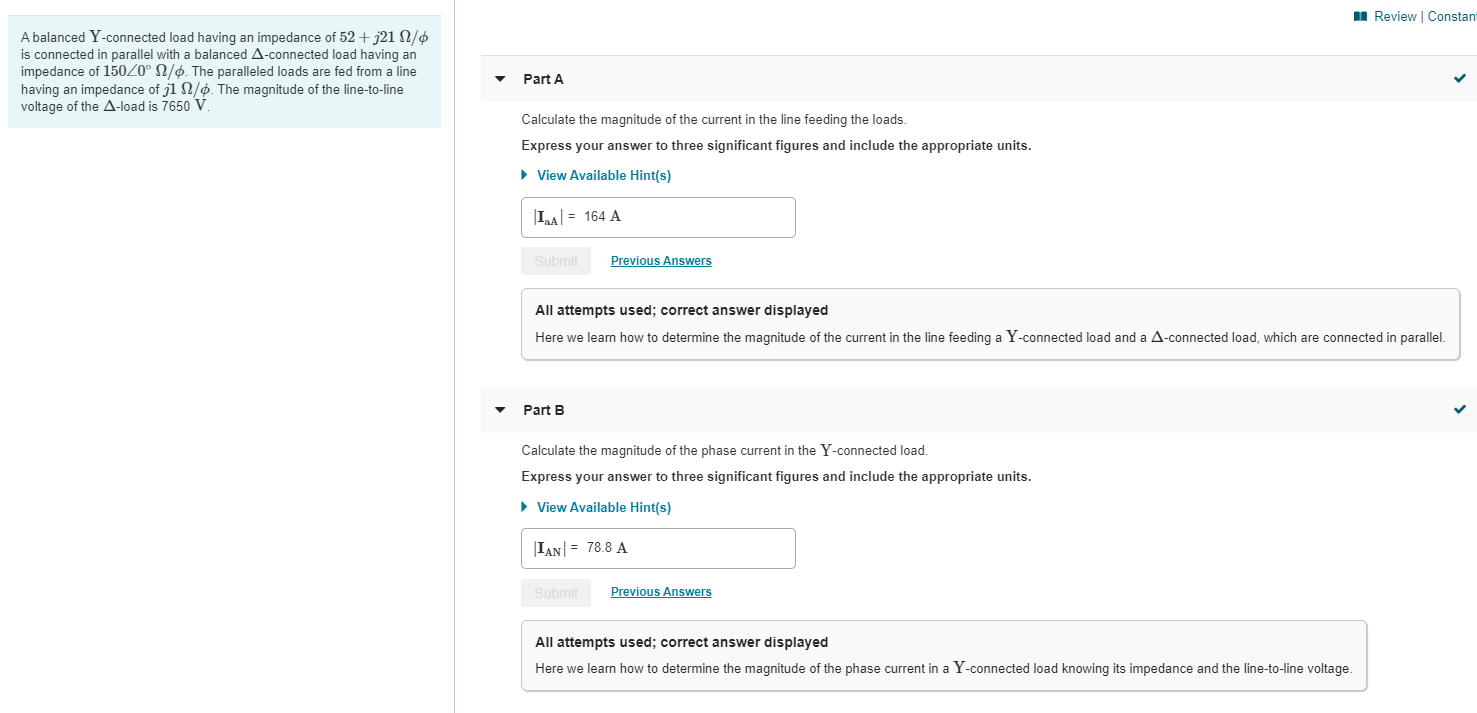 Solved Review Constan A balanced Y-connected load having an | Chegg.com