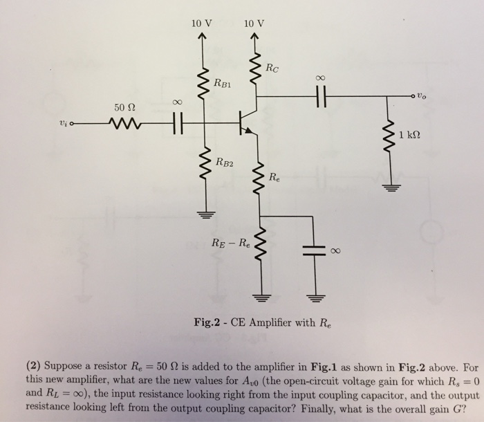 Solved 10 V 10 V Rc RB1 o Vo 50 Ω RB2 Re RE Re Fig.2 - CE | Chegg.com