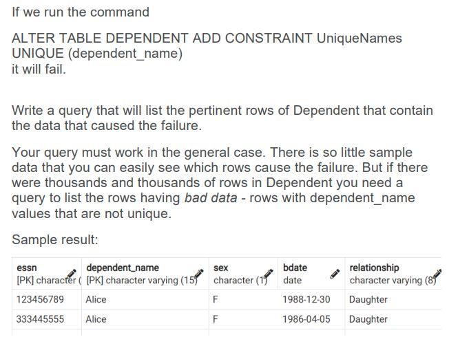 Solved If we run the command ALTER TABLE DEPENDENT ADD | Chegg.com