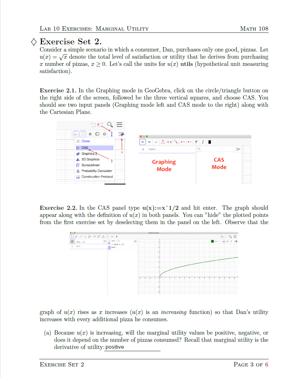 Lab 10 Exercises Marginal Utility Math 108 O