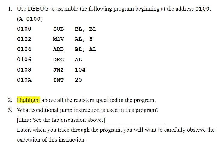 Debug Command Description A Assesmble Assemble | Chegg.com