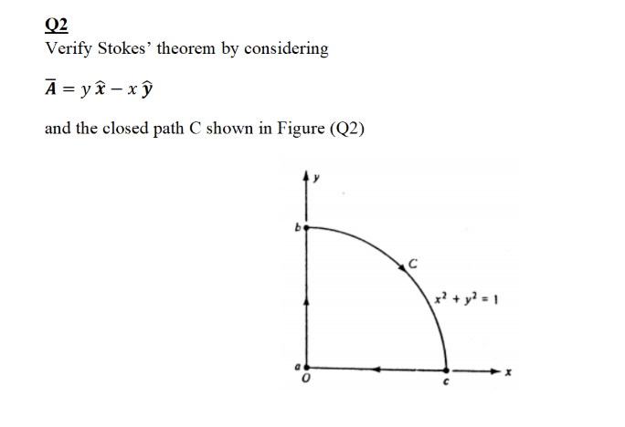 Solved Q2 Verify Stokes' theorem by considering Ā= y î – xÛ | Chegg.com