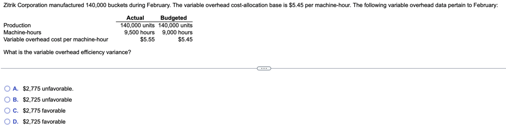 Solved What is the variable overhead efficiency variance? A. | Chegg.com
