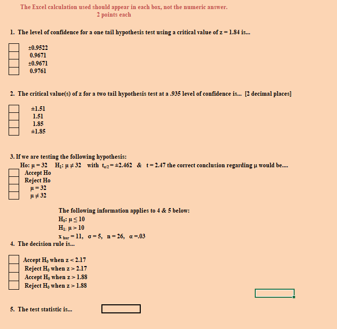 Solved The Excel Calculation Used Should Appear In Each Box Chegg