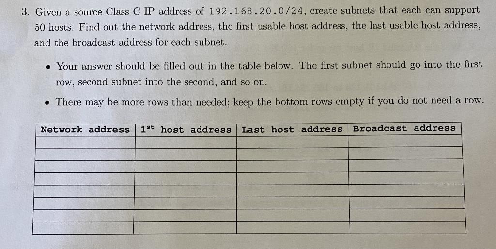 Solved 3. Given a source Class C IP address of | Chegg.com