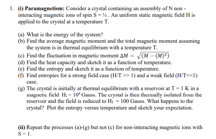 Solved 1. (i) Paramagnetism: Consider a crystal containing | Chegg.com