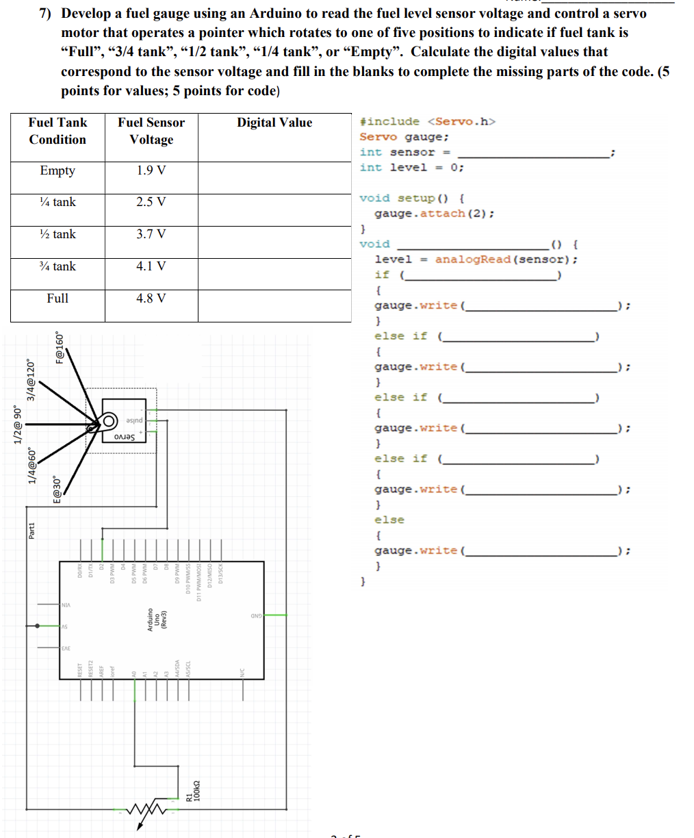 Solved 7) Develop a fuel gauge using an Arduino to read the | Chegg.com
