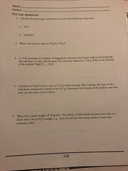 Solved Name Section Pre Lab Questions 1. Calculate the | Chegg.com