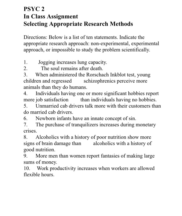 Solved PSYC 2 In Class Assignment Selecting Appropriate | Chegg.com