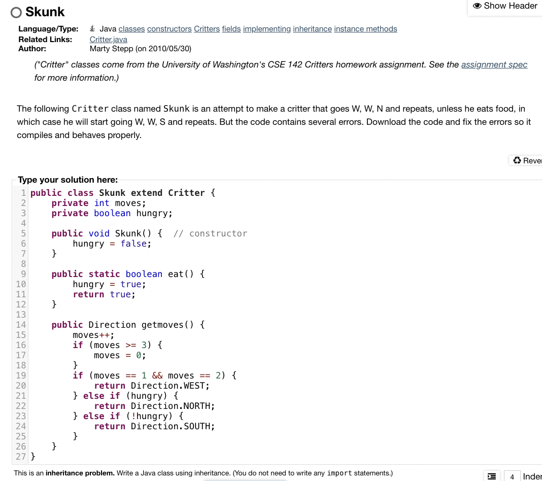 Solved Language/Type: Java classes constructors Critters | Chegg.com