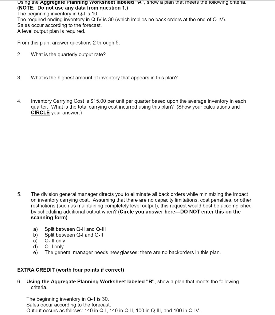 Using the Aggregate Planning Worksheet labeled "A", | Chegg.com