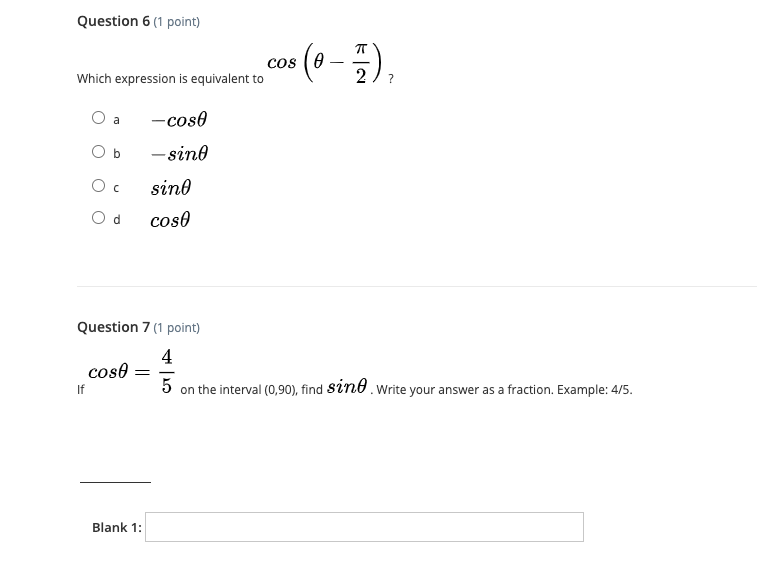 Solved Which expression is equivalent to cos(θ−2π) ? a −cosθ | Chegg.com