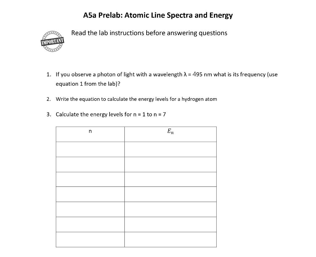 Solved A5a Prelab: Atomic Line Spectra and Energy Read the | Chegg.com