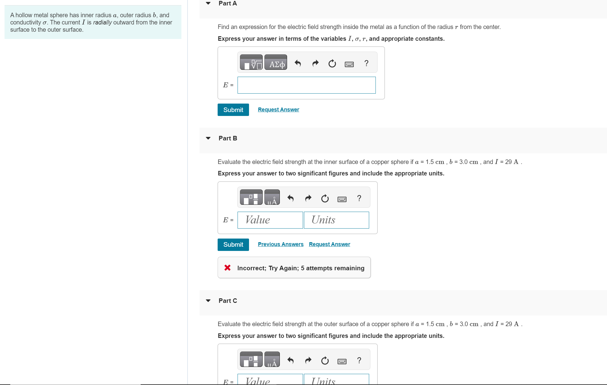 Solved A hollow metal sphere has inner radius a, outer | Chegg.com