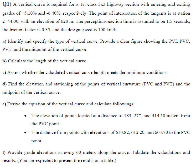Solved A vertical curve is required for a 1st class 3x3 | Chegg.com