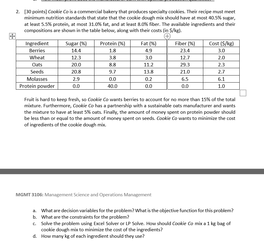 Solved 2. [30 points] Cookie Co is a commercial bakery that | Chegg.com