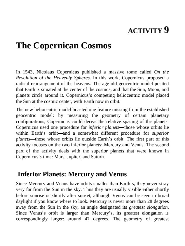 Solved ACTIVITY 9 The Copernican Cosmos In 1543, Nicolaus | Chegg.com