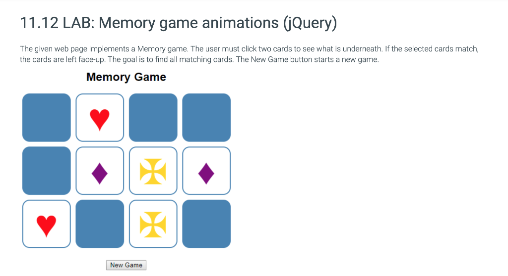 Solved 11.12 LAB: Memory game animations (jQuery) The given | Chegg.com