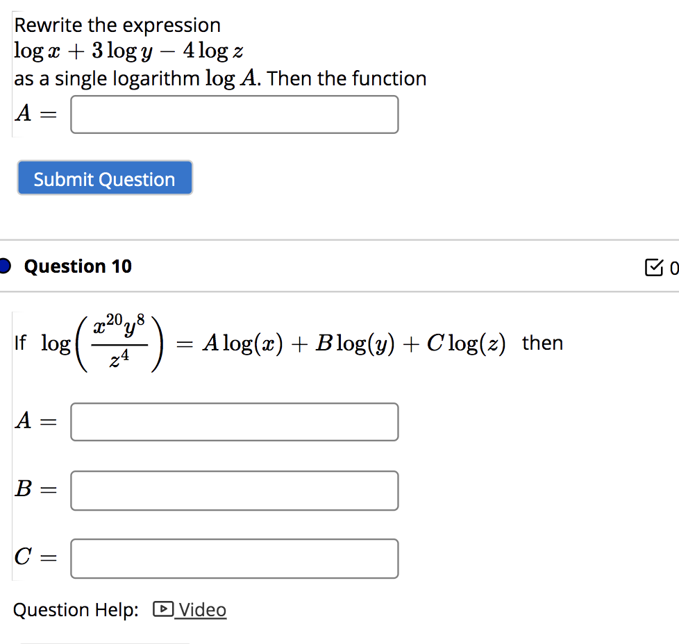 Solved Rewrite the expression log x + 3 log y – 4 log z as a | Chegg.com