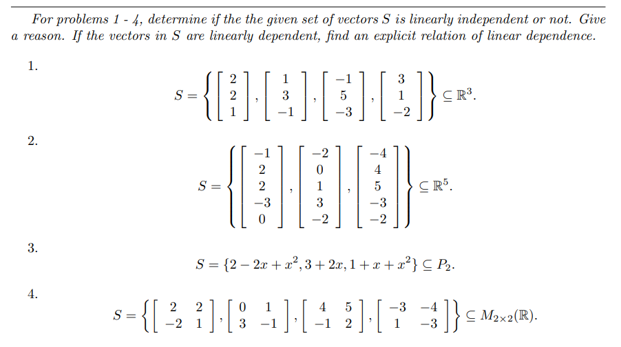 Solved For problems 1-4, determine if the the given set of | Chegg.com