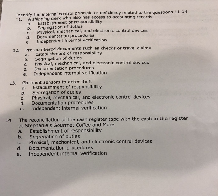 Solved Identify the internal control principle or deficiency | Chegg.com