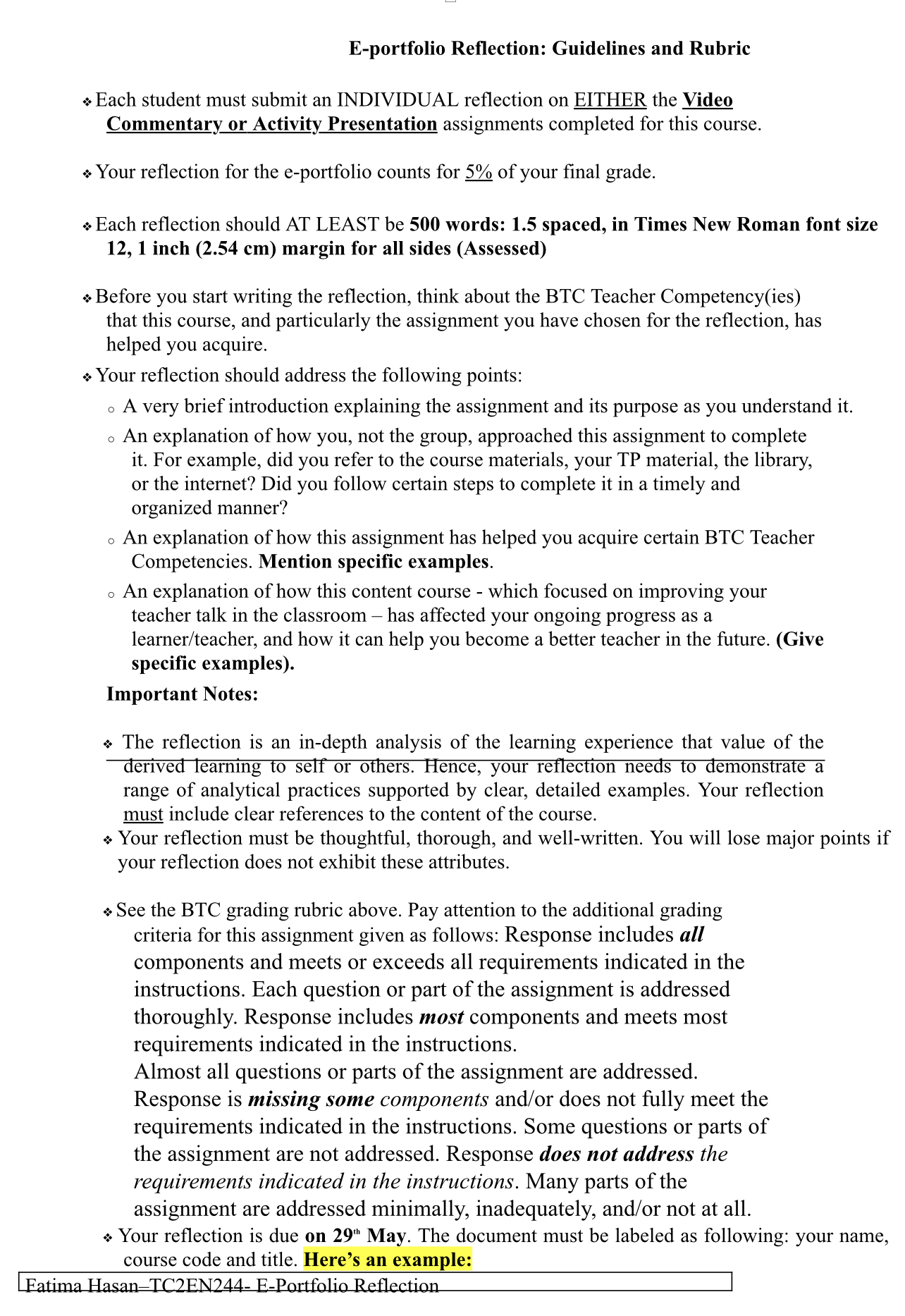Solved E-portfolio Reflection: Guidelines and Rubric * Each | Chegg.com