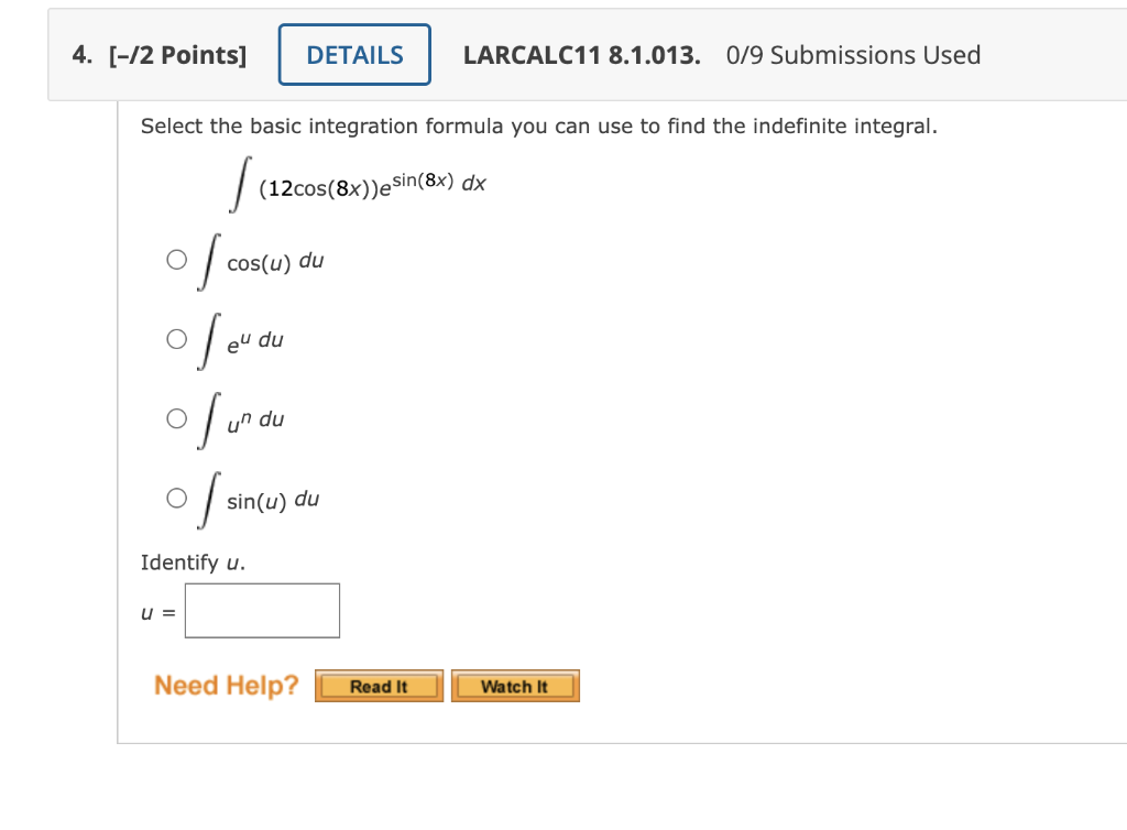 Solved 4. [-/2 Points] DETAILS LARCALC11 8.1.013. 0/9 | Chegg.com