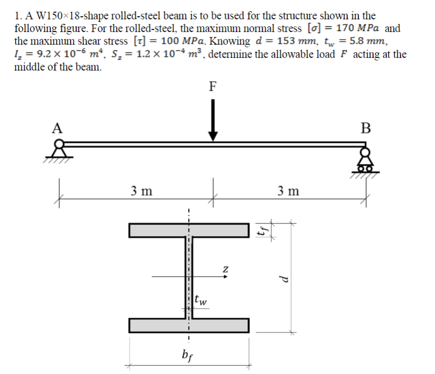 Solved 1. A W150x18-shape rolled-steel beam is to be used | Chegg.com