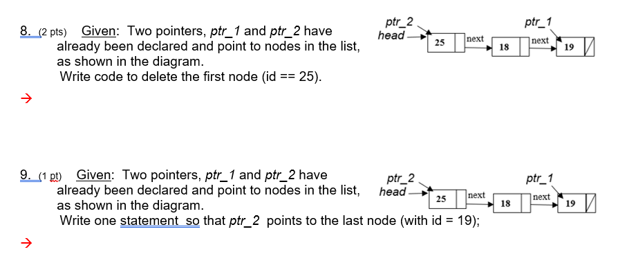 Solved ptr_2 head ptr_1 next 25 next 18 19 8. (2 pts) Given: | Chegg.com