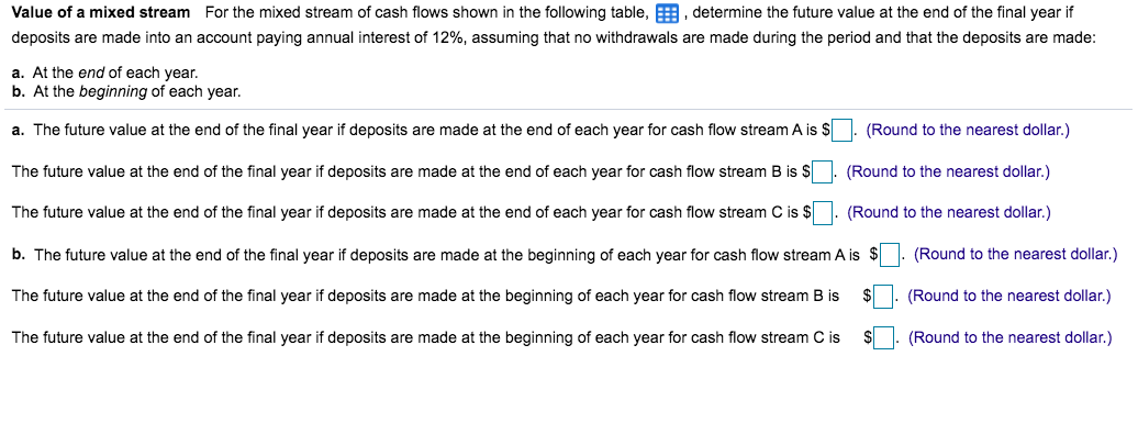 Solved Value of a mixed stream For the mixed stream of cash | Chegg.com