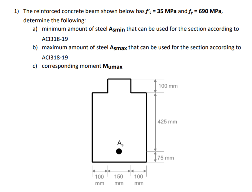 Solved 1) The reinforced concrete beam shown below has fc= | Chegg.com