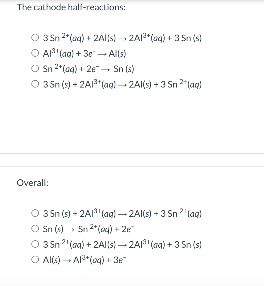 Solved Choose the anode and cathode half-reactions for the | Chegg.com
