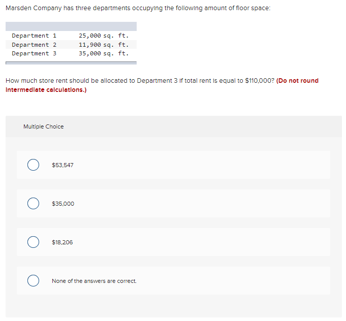 Solved Marsden Company has three departments occupying the | Chegg.com