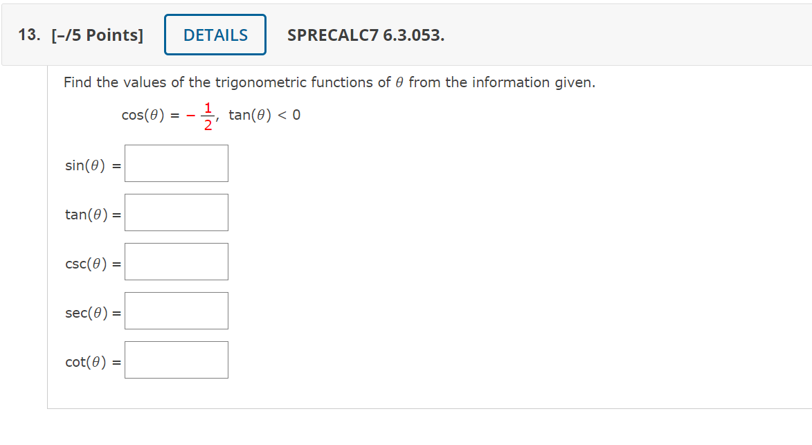Solved -/5 Points] SPRECALC7 6.3.053. Find the values of the | Chegg.com