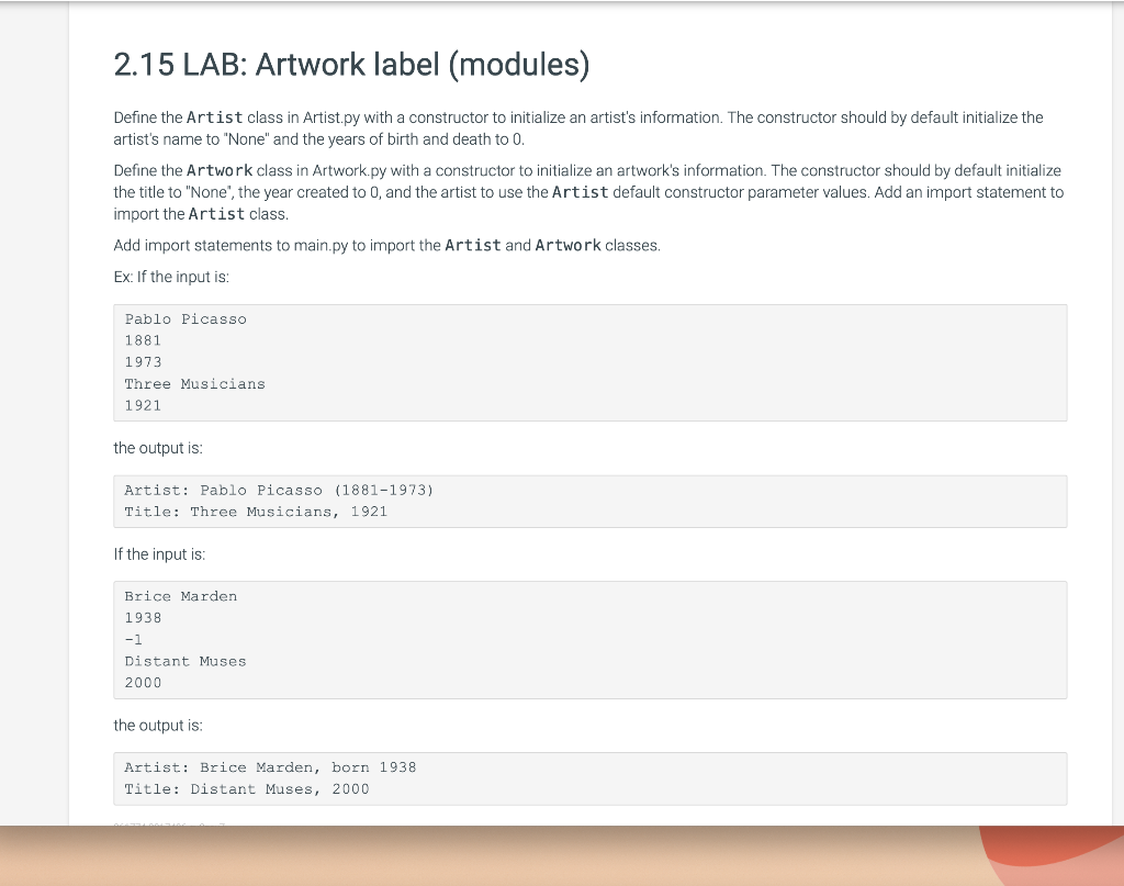 Solved 2.15 LAB: Artwork label (modules) Define the Artist | Chegg.com
