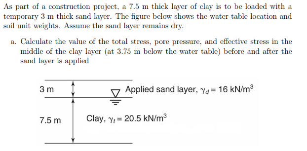Solved As part of a construction project, a 7.5 m thick | Chegg.com