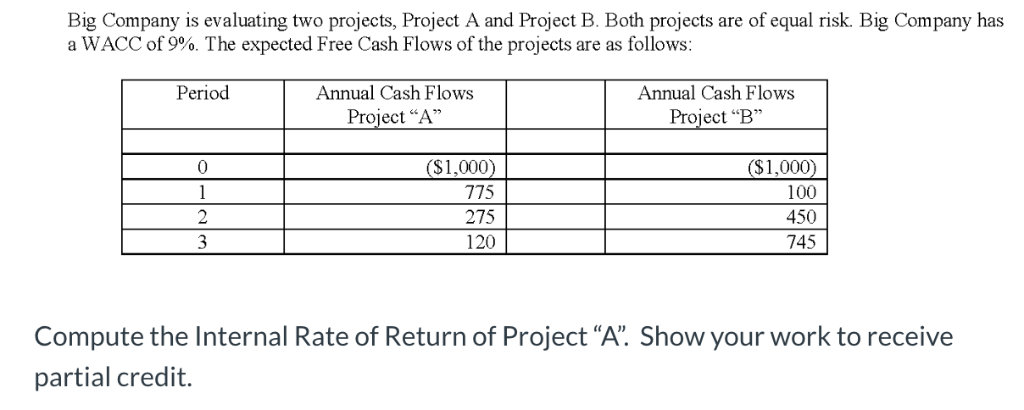 Solved Big Company is evaluating two projects, Project A and | Chegg.com Solved Big Company is evaluating two projects, Project A and | Chegg.com
